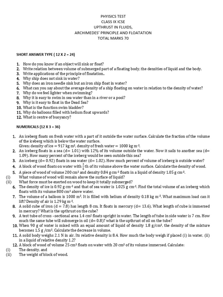 Upthrust and Floatation Worksheet IX | PDF | Buoyancy | Density