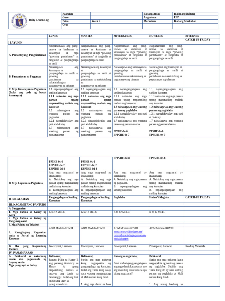 DLL Week 2-Q3 Epp | PDF