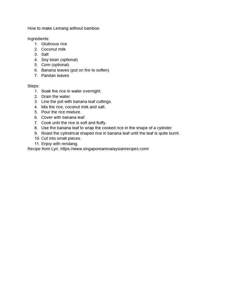 Easy Lemang Recipe Without Bamboo | PDF