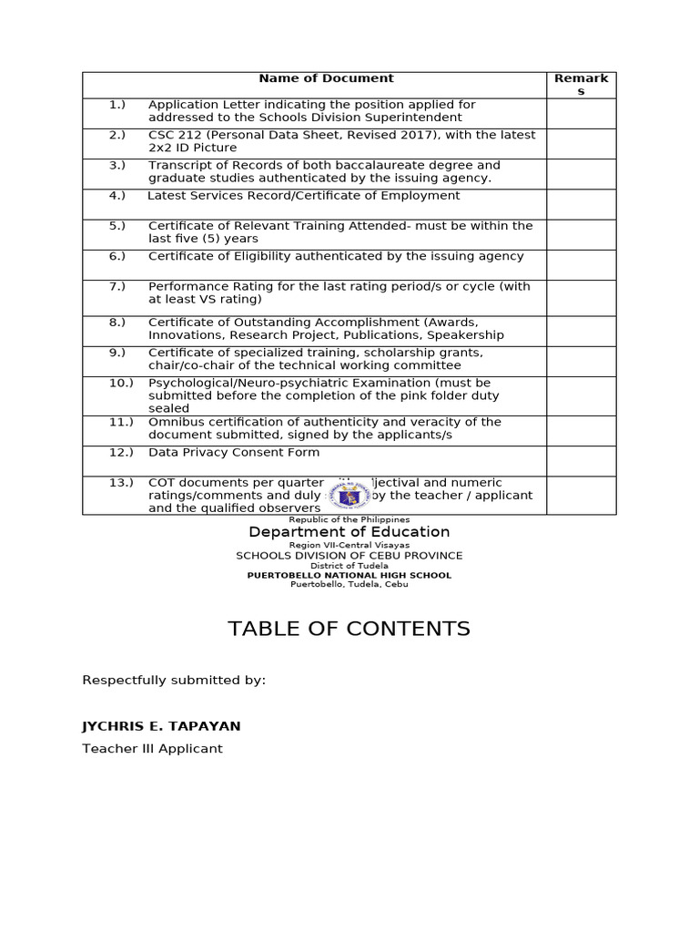 Teacher III Application Requirements | PDF