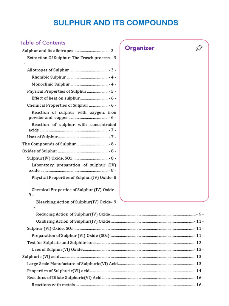 Sulphur and Its Compounds Overview | PDF | Sulfur | Oxide