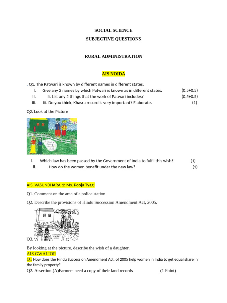 Rural Administration Subjective Questions | PDF