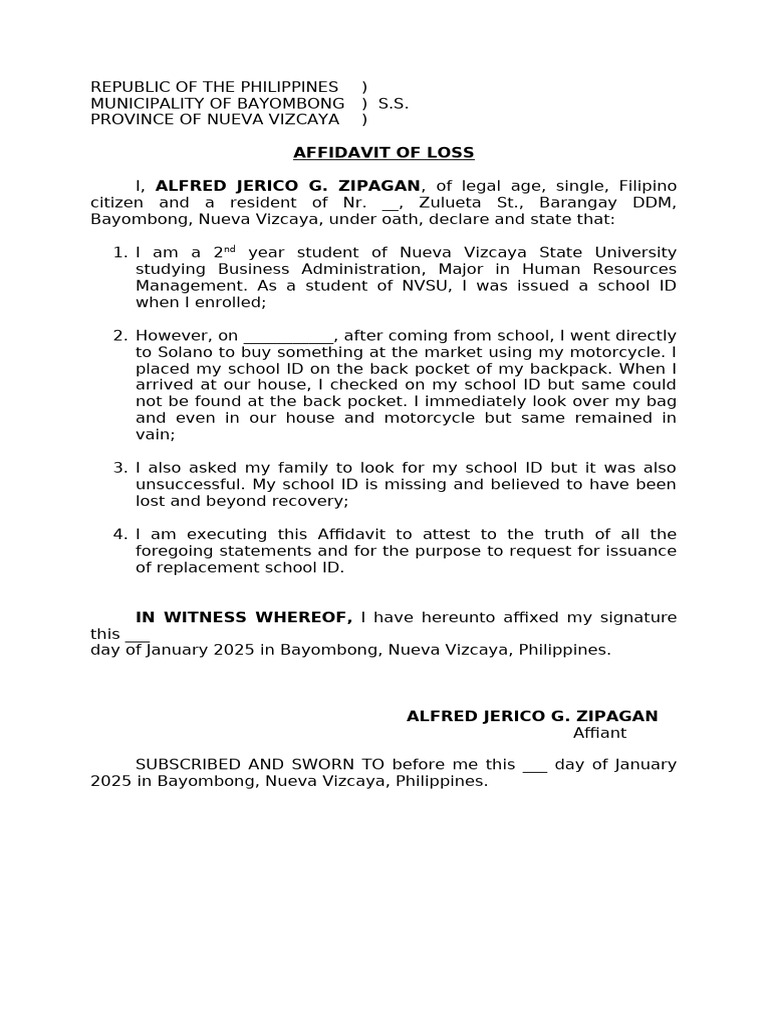 Aff of Loss - ID Alfred | PDF