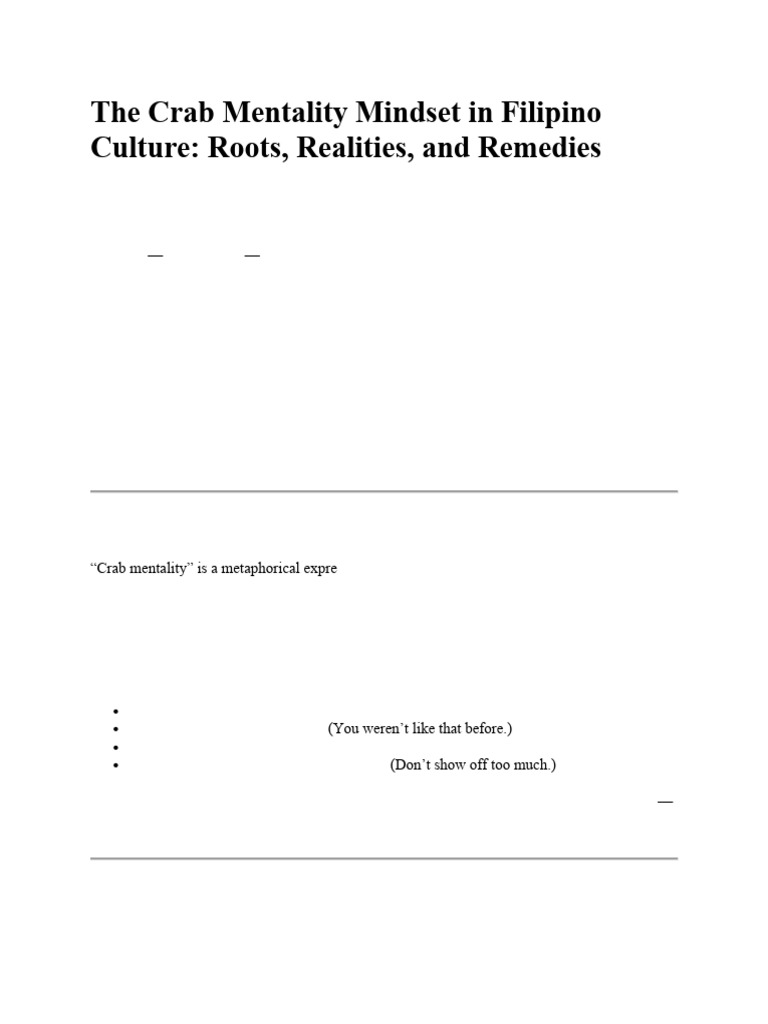 The Crab Mentality Mindset in Filipino Culture | PDF | Mindset ...