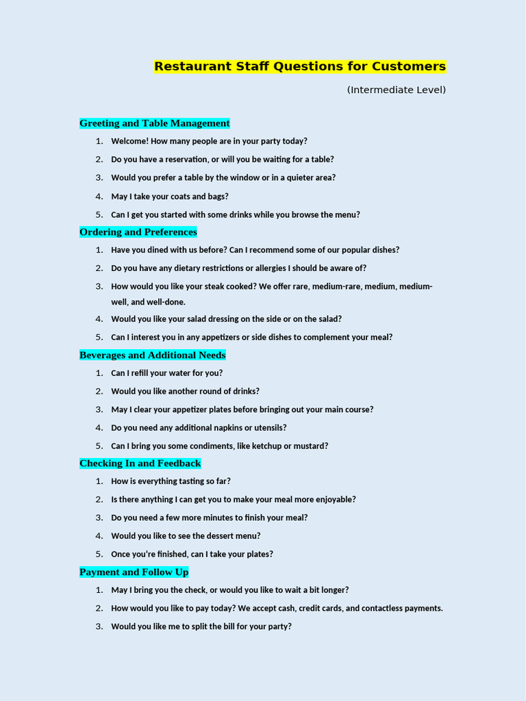 Essential Restaurant Staff Customer Questions | PDF | Restaurants ...