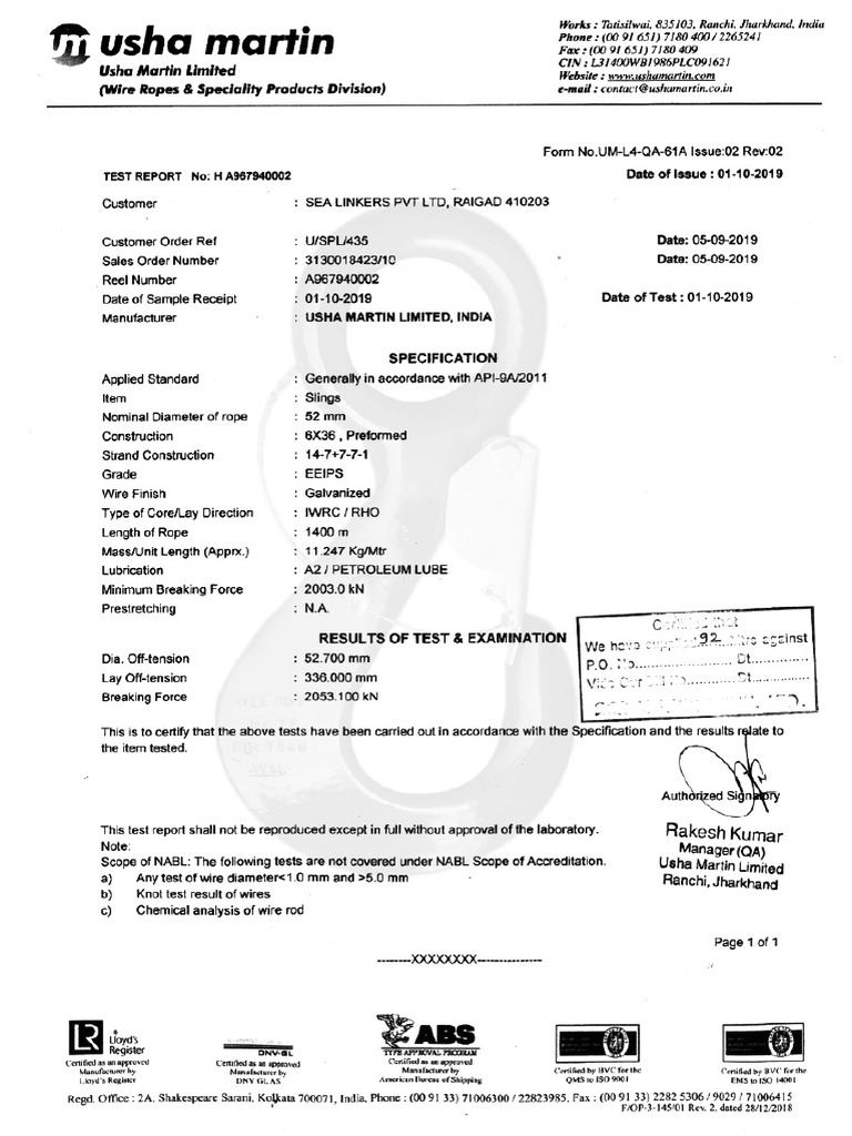 52mm Wire Rope Mil Cert | PDF