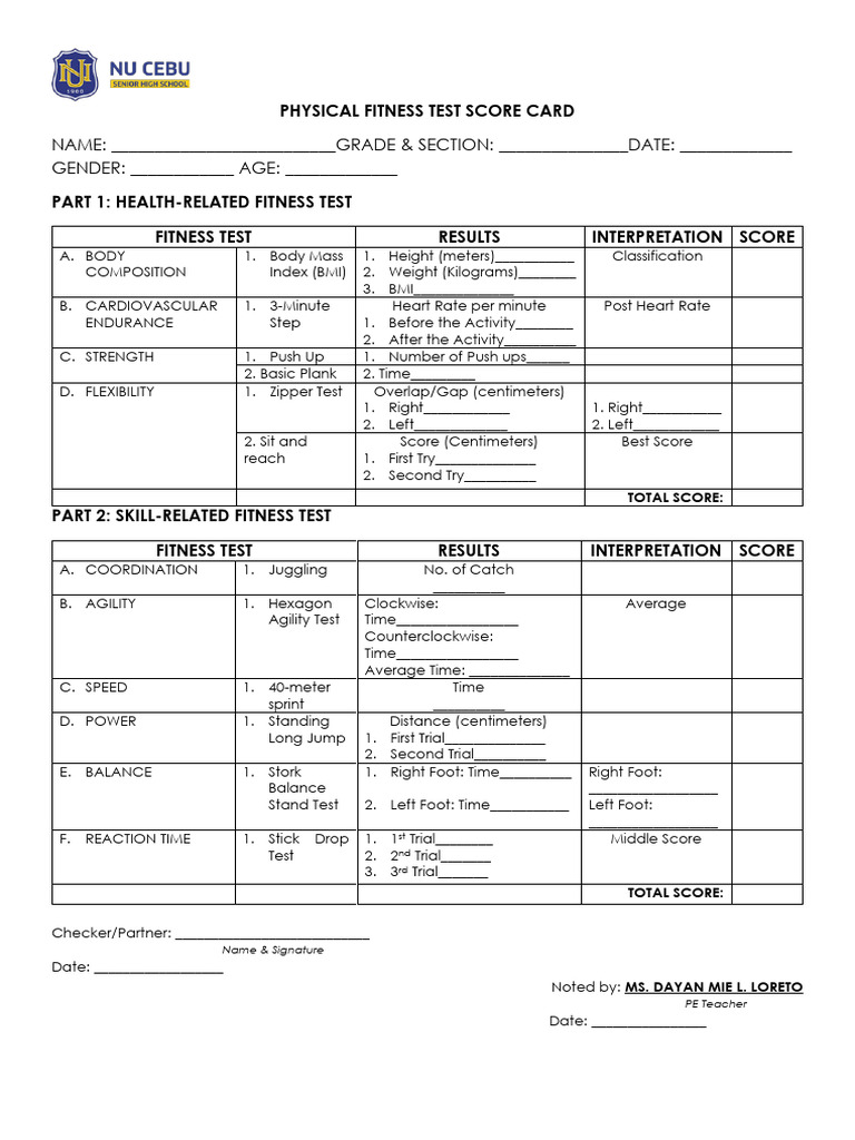 Physical Fitness Test Score Card | PDF | Physical Exercise