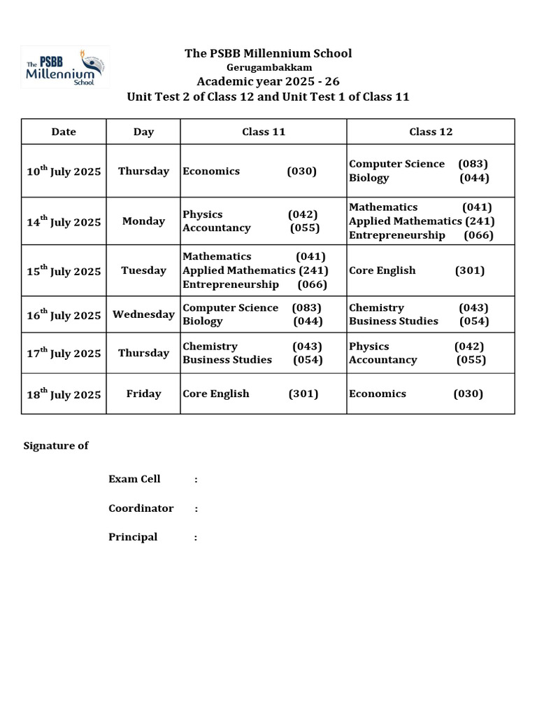 Exam Schedule STD 11 (Ut1) & STD 12 (Ut2) (25-26) | PDF