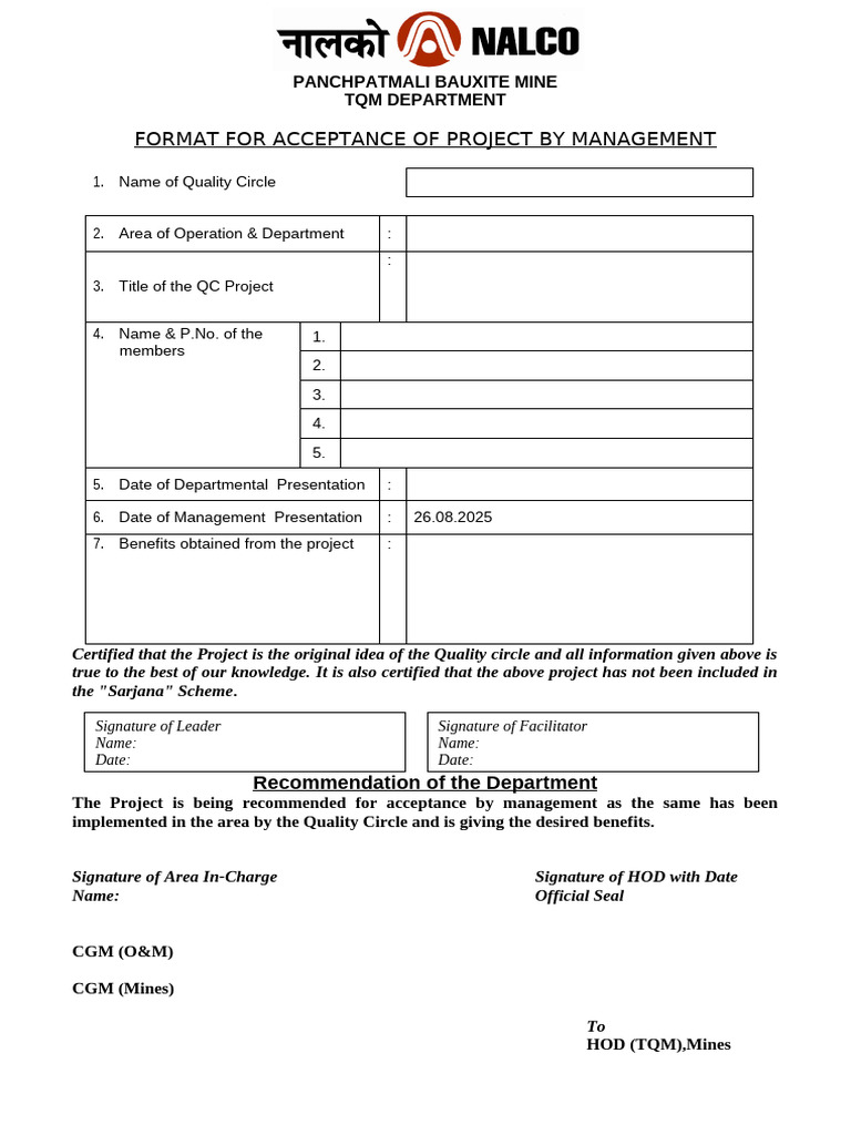 Enclosure 02 Project Acceptance by Management Format | PDF