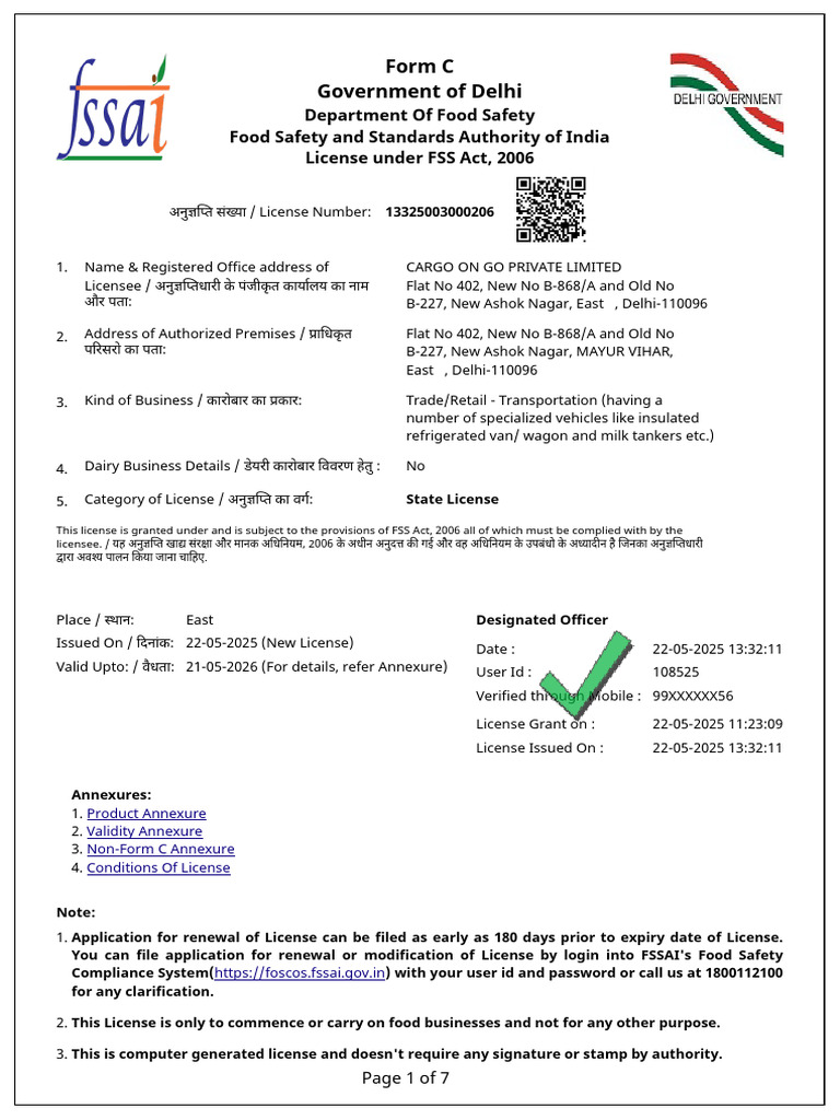 Delhi FSSAI License Form C Details | PDF | License | Cooking Oil