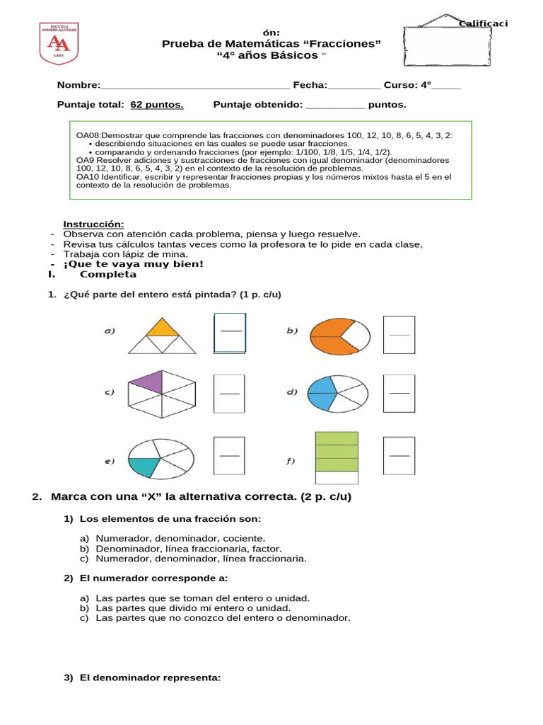Prueba de Fracciones 4to | PDF | Objetos matemáticos | Conceptos ...