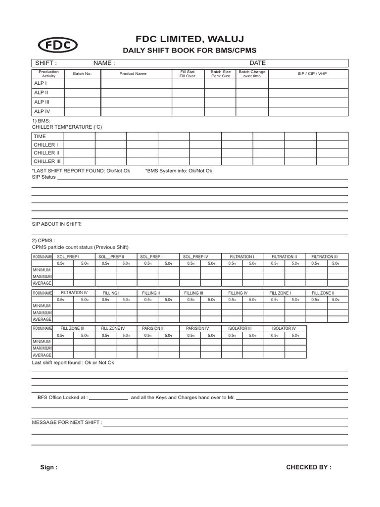 Daily Shift Book For Bms Cpms | PDF