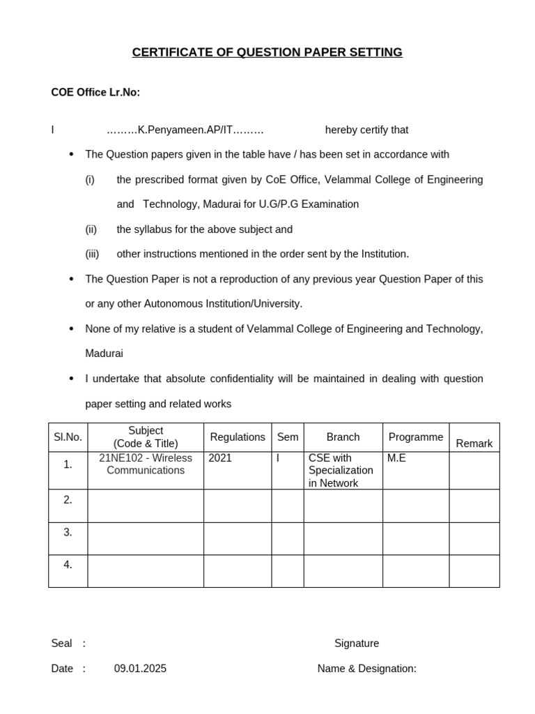 Certificate for Question Paper Setting | PDF