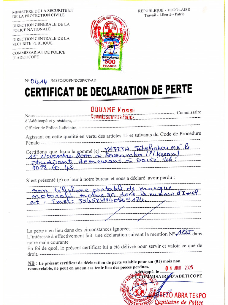 Certificat de Déclaration de Perte | PDF