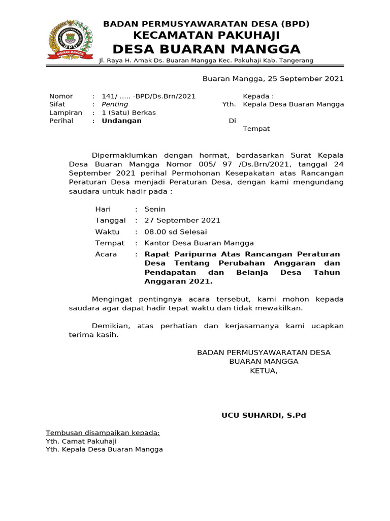 Undangan Rapat Perubahan Anggaran Desa | PDF