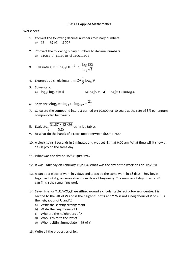 Class 11 Applied Mathematics Worksheet | PDF