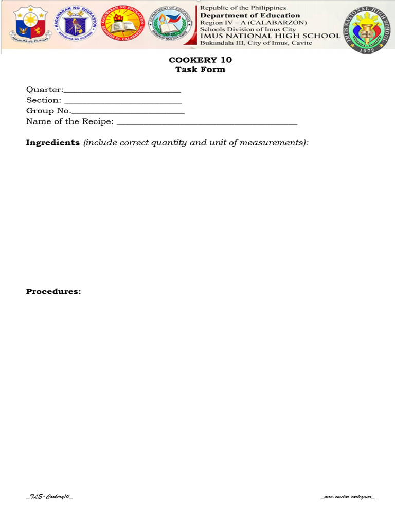 Cookery 10 Task Form Template | PDF