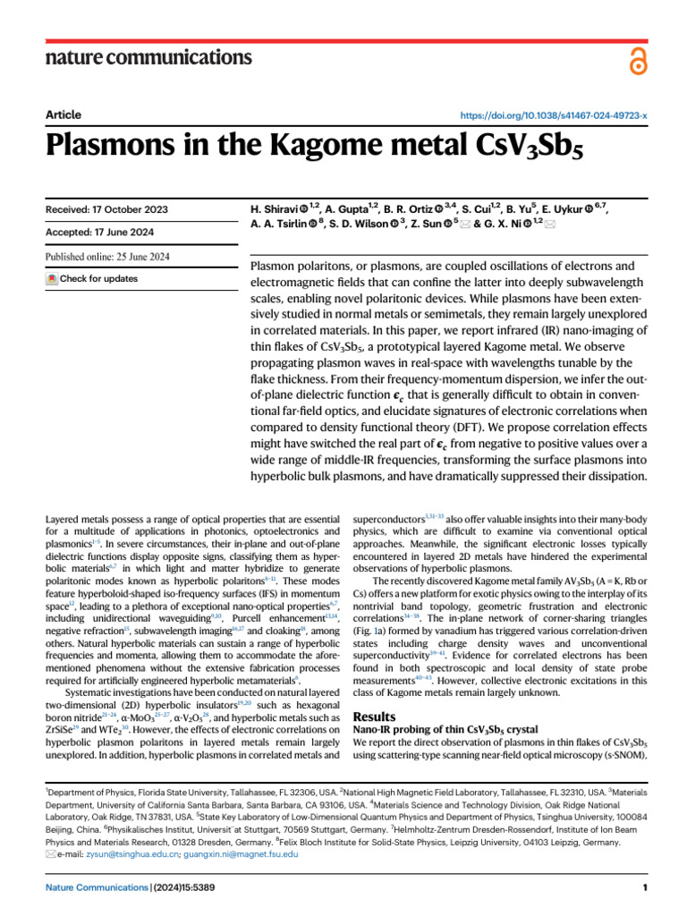 Plasmons in The Kagome Metal CsV3Sb5 | PDF | Plasmon | Optics