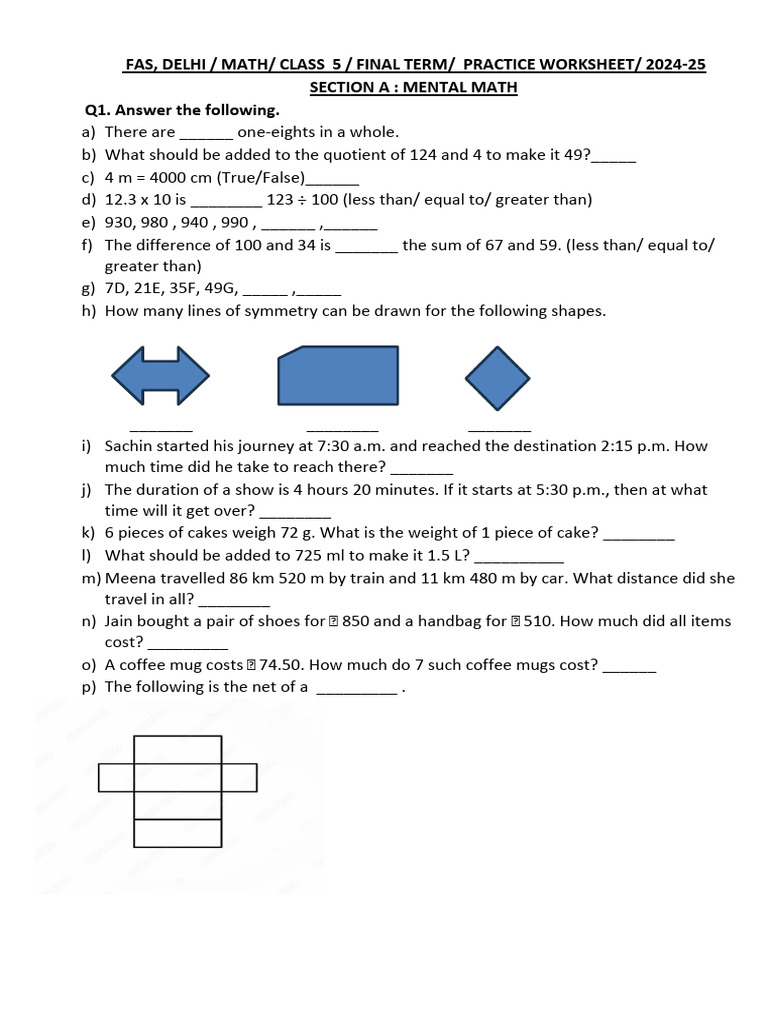 Final Practice Sheet CLASS 5 | PDF | Mathematics