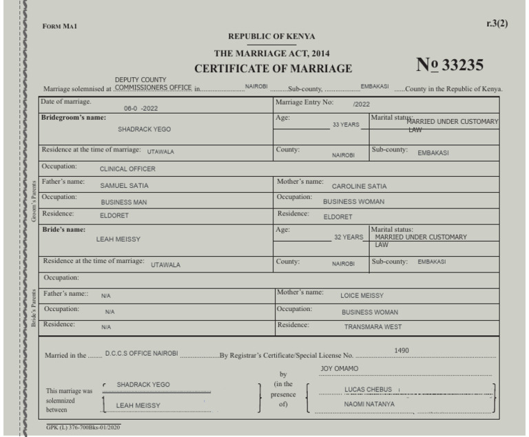 Kenyan Customary Marriage Certificate | PDF | Wedding | Living Arrangements
