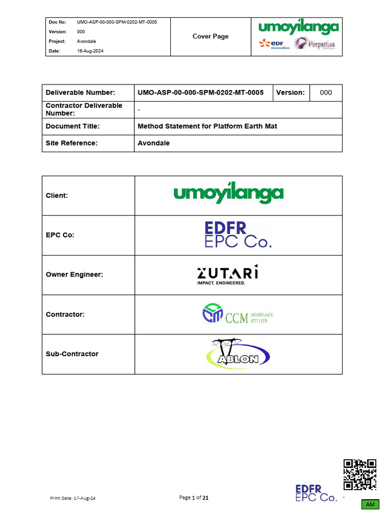 Umo ASP 00 000 SPM 0202 MT 0005 - 000 Method Statement For Platform Earth Mat | PDF | Snake ...