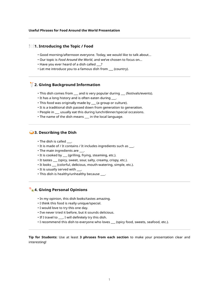Food Presentation Phrases Guide | PDF