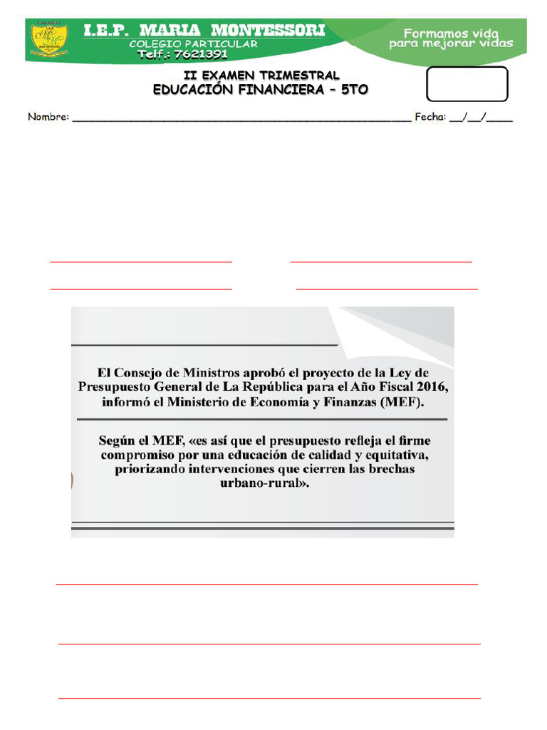 Examen de Educación Financiera 5to Grado | PDF