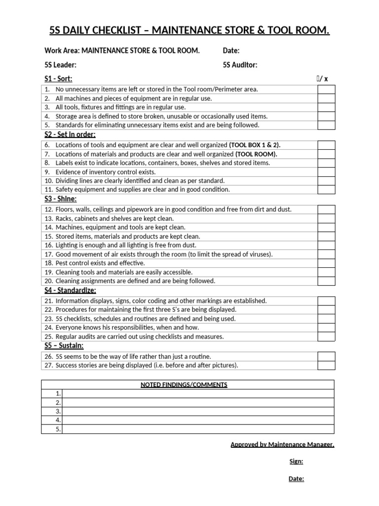 5s Audit Checklist Manufacturing | PDF