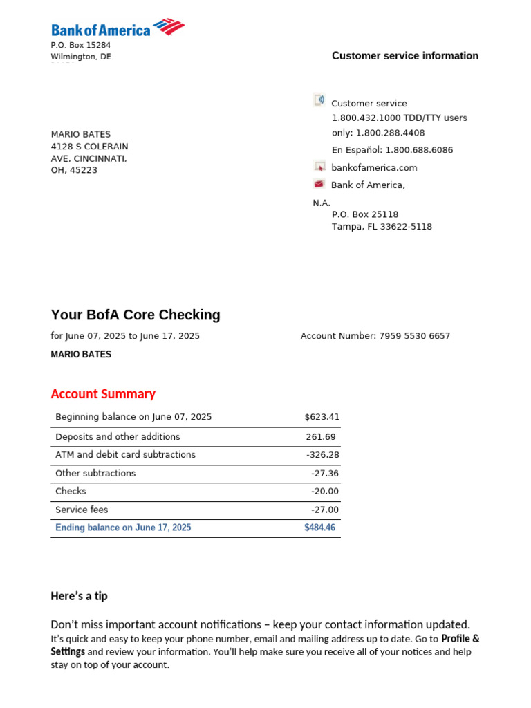 BofA Core Checking Account Summary | PDF