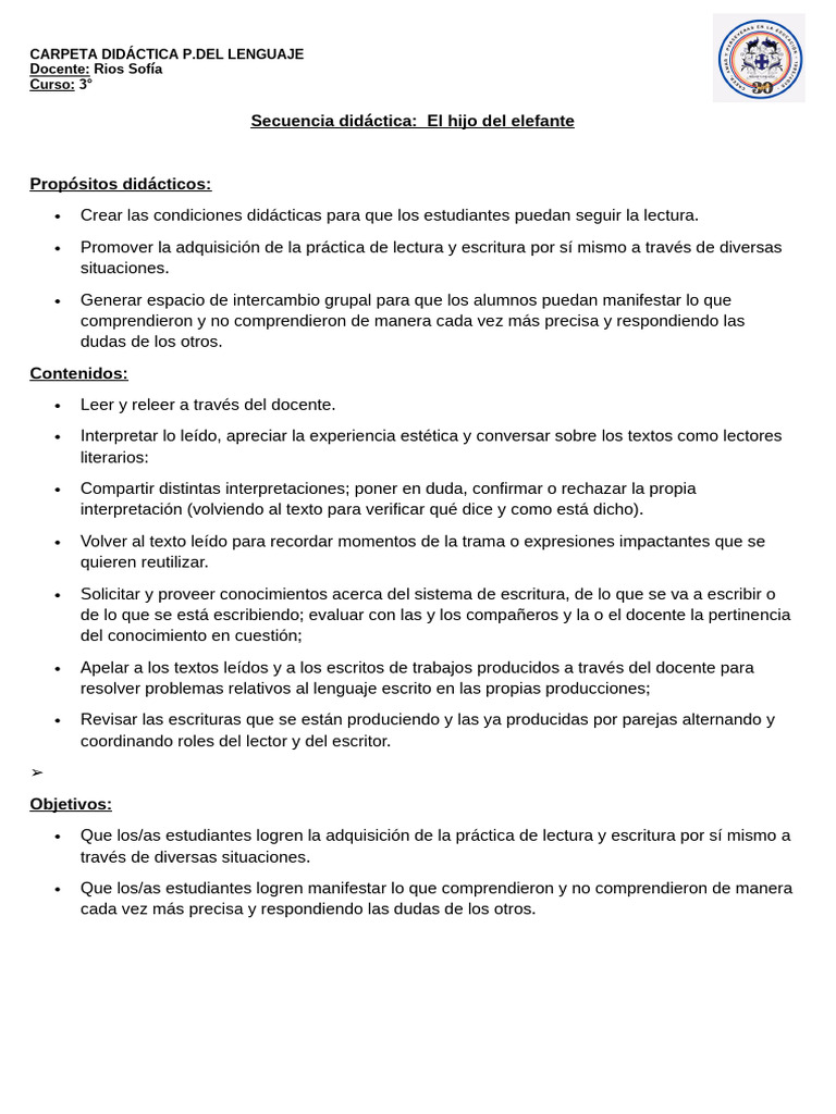 Secuencia Didáctica EL Hijo Del Elefante Agos-Sept 2025 | PDF | Puntuación | Cuentos