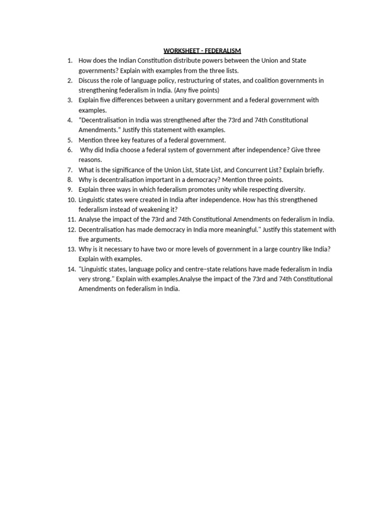 SS-Worksheet - Federalism - 02 | PDF