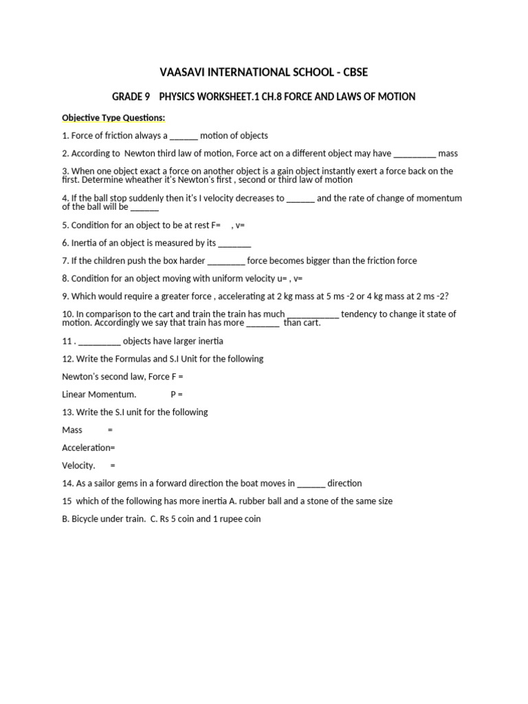 Grade 9 Physics Worksheet.1 Ch.8 Force and Laws of Motion | PDF | Force | Newton's Laws Of Motion