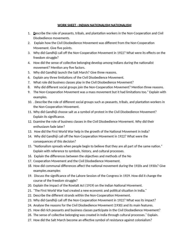 Ss-Work Sheet - Indian Nationalism | PDF | Mahatma Gandhi | Nationalism