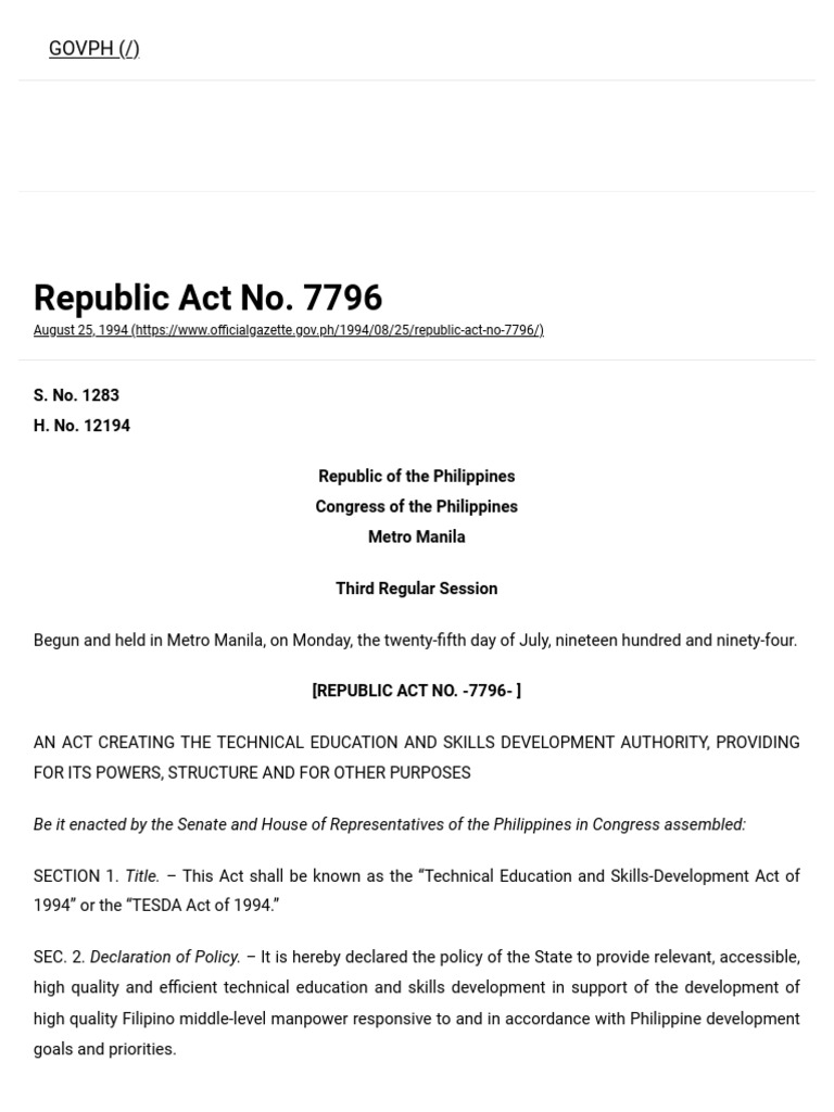 Ra 7796 - Tesda Act of 1994 | PDF | Vocational Education | Apprenticeship