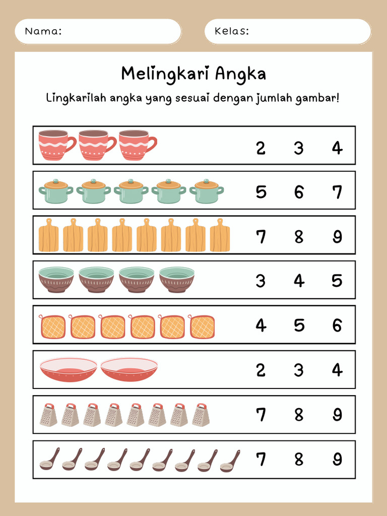 Lembar Kerja Melingkari Angka Sesuai Jumlah Peralatan Dapur Ilustrasi Cokel - 20250814 - 160829 ...