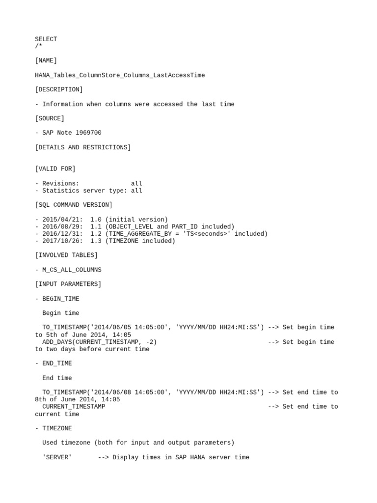 Last Access Time for HANA Columns | PDF | Schema (Psychology ...