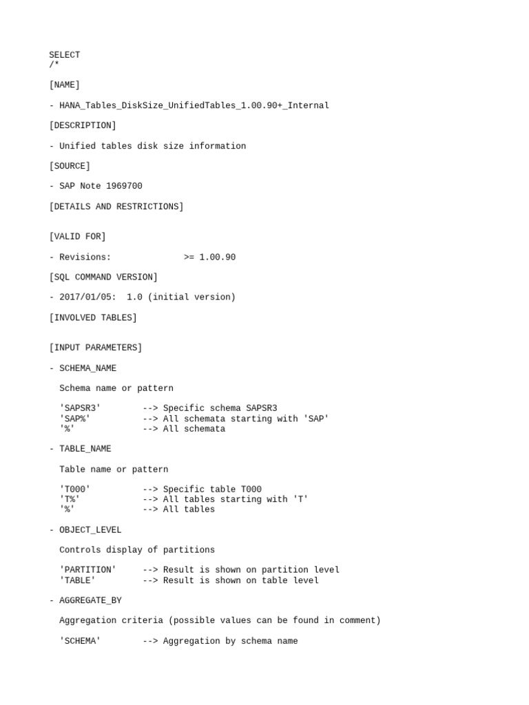 Hana Tables Disksize Unifiedtables 1 00 90 Internal Pdf