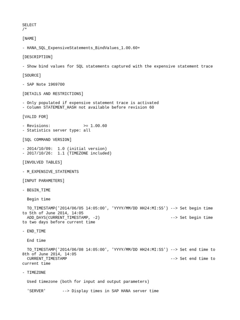 HANA SQL ExpensiveStatements BindValues 1.00.60+ | PDF | Parameter (Computer Programming ...