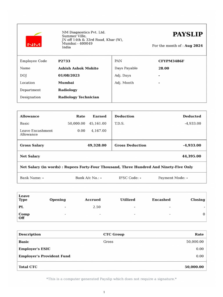 Payslips Nmmed p2733 Aug 2024 | PDF