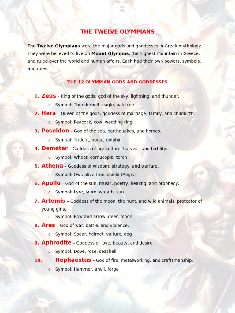 Overview of the Twelve Olympians | PDF