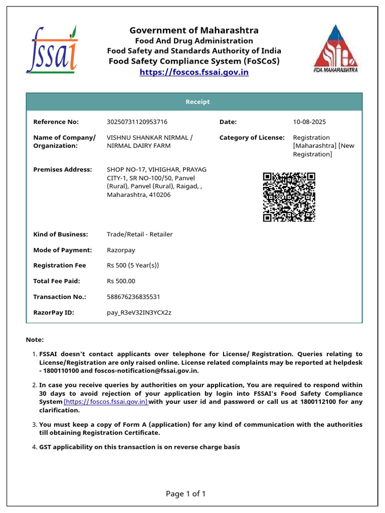 Maharashtra Food Safety Registration Receipt | PDF