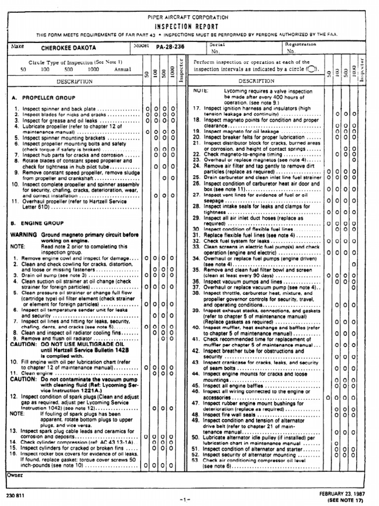 Piper Aircraft Inspection Checklist | PDF | Mechanical Engineering