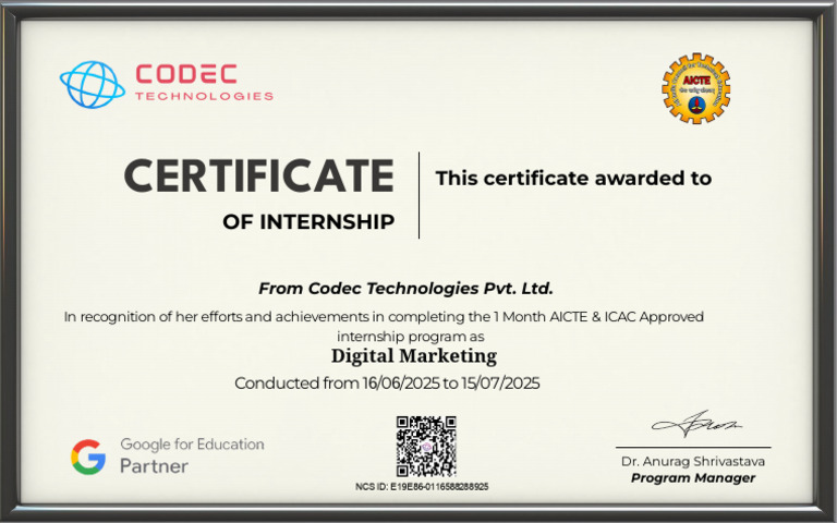 Internship Certificate Ayush | PDF