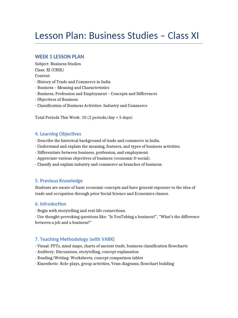 Business Studies Lesson Plan for Class XI | PDF | Lesson Plan ...