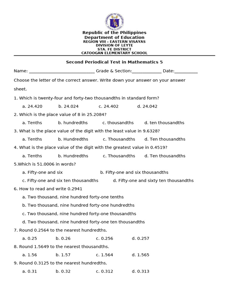 Grade 6 Decimal Operations Test | PDF | Ratio | Multiplication