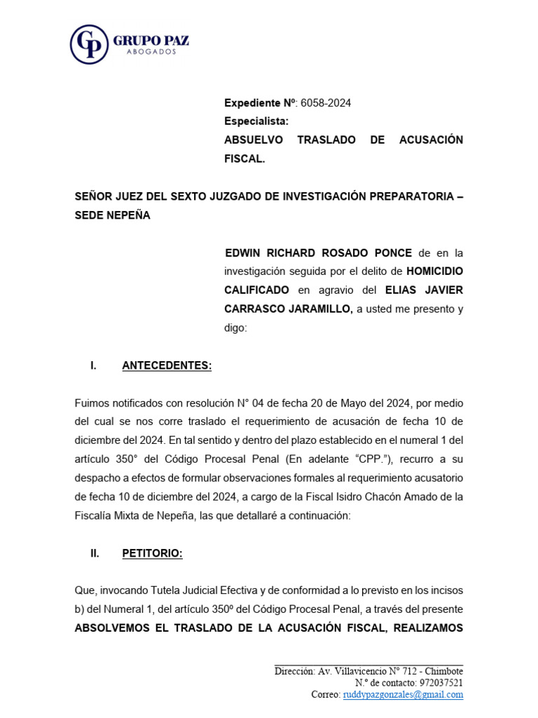 Absuelvo Traslado de Acusación Fiscal Caso Edwin Rosado Exp. 6058-2024 ...