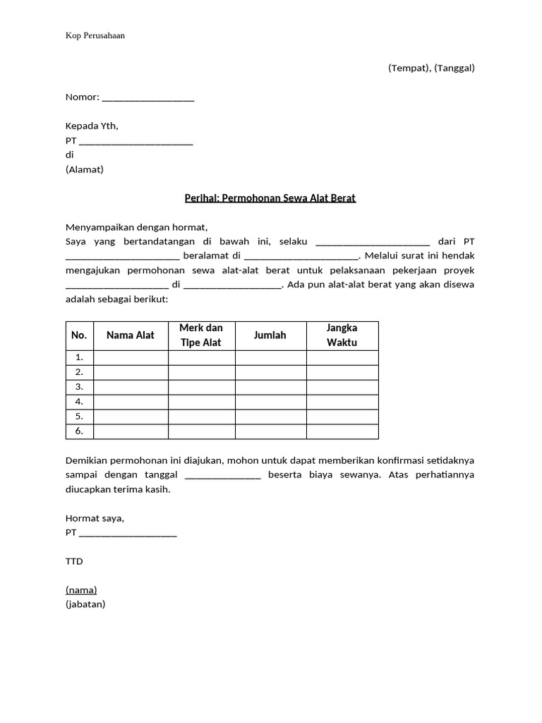 Surat Permohonan Sewa Alat Berat | PDF