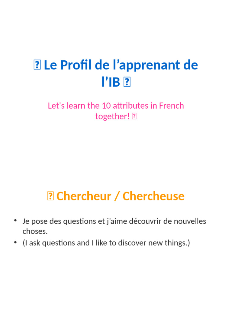 IB Learner Profile French Fun | PDF