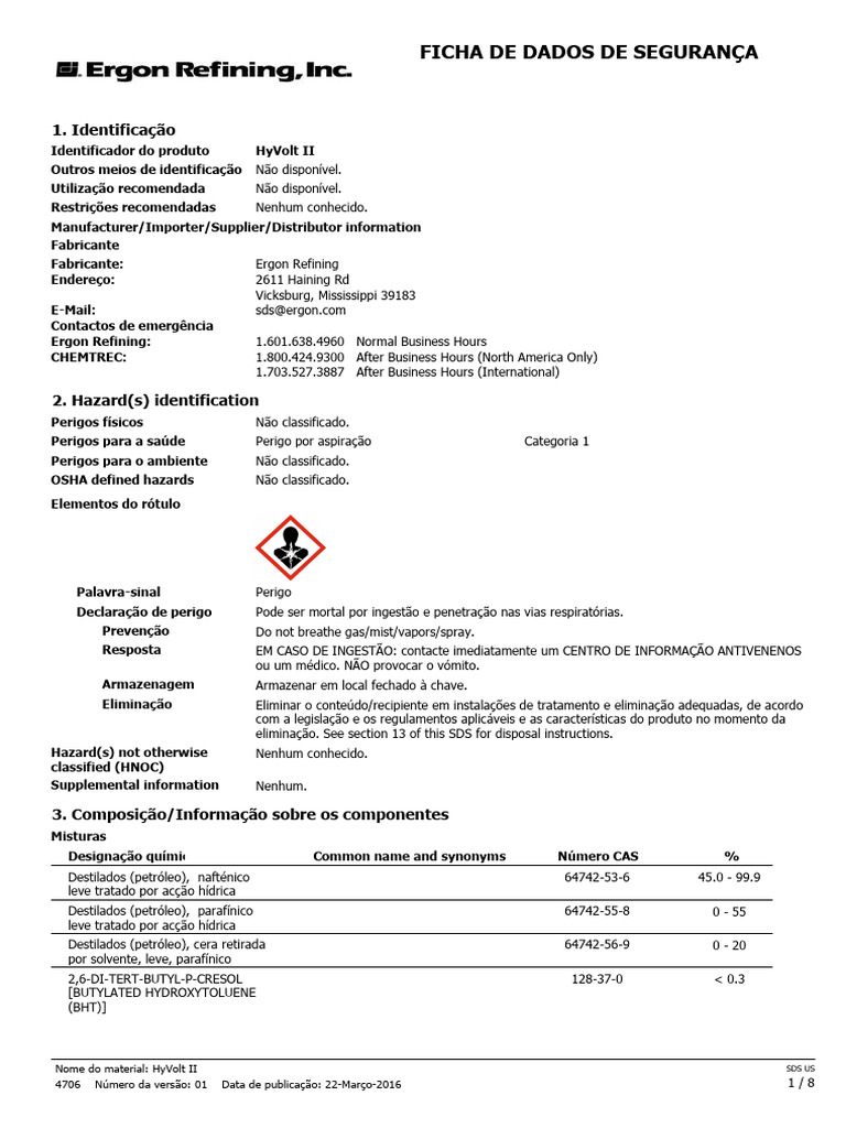 FDS - Óleo Hyvolt | PDF | Toxicidade | Desperdício