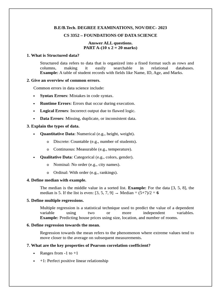 CS3352 Foundations of Data Science Nov Dec 2023 | PDF | Statistics ...